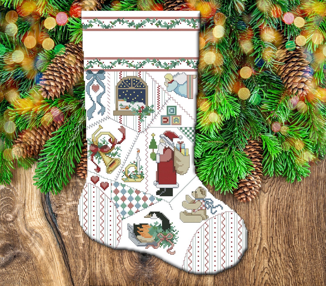 Christmas Stocking, Patchwork Stocking, Must Be St Nick, Counted Cross Stitch Pattern, Xstitch ...