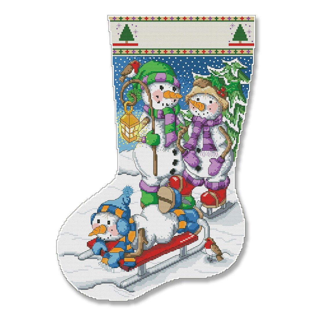 Christmas Stocking, Snowmen Sledding, Snowman, Counted Cross Stitch ...