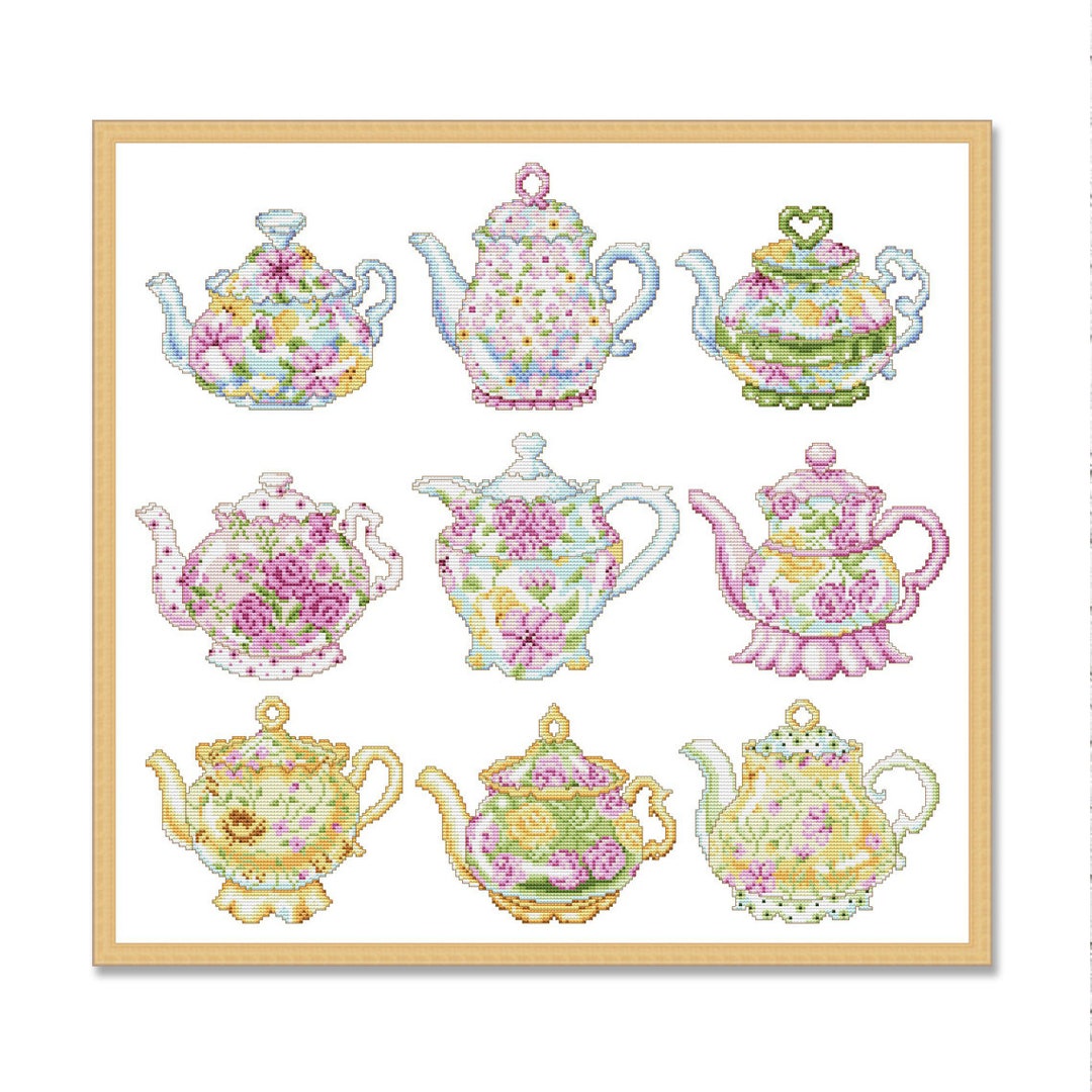 Teapots Collection, Counted Cross Stitch Pattern, Kitchen Still Life ...