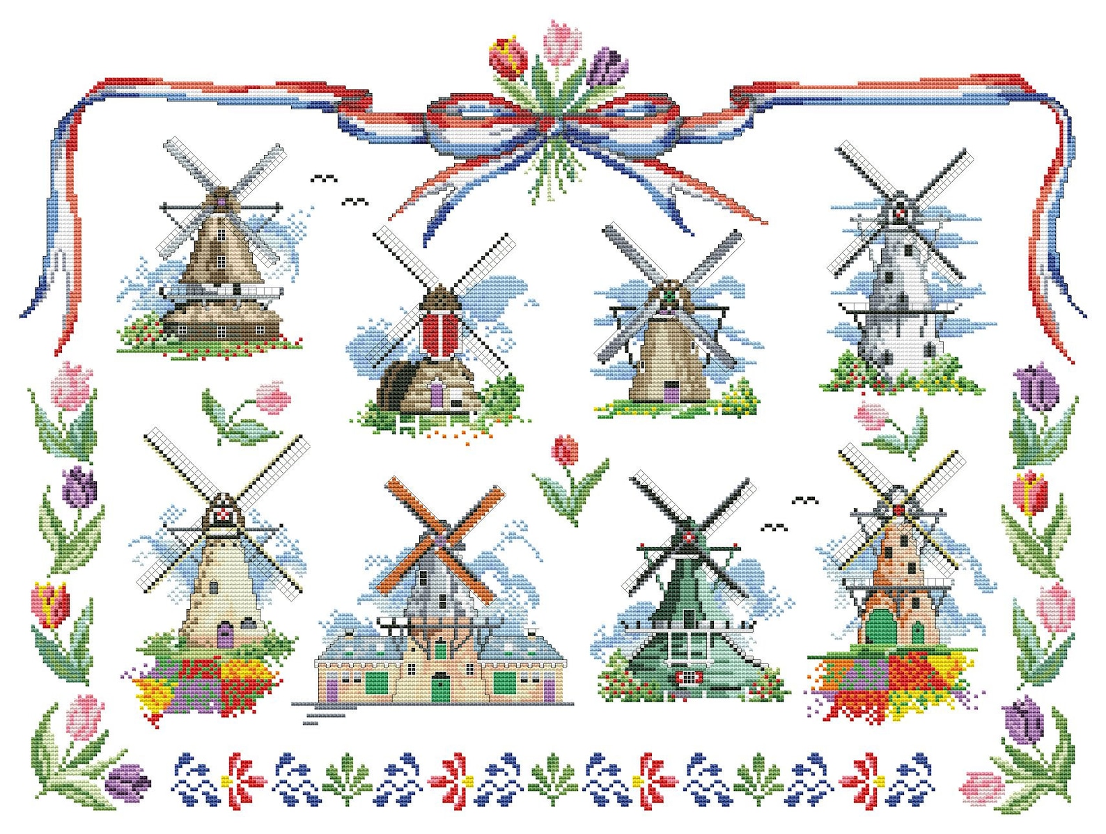 Dutch Windmills, Counted Cross Stitch Pattern, Sampler Old Mill ...