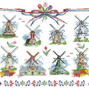 Dutch Windmills, Counted Cross Stitch Pattern, Sampler Old Mill ...