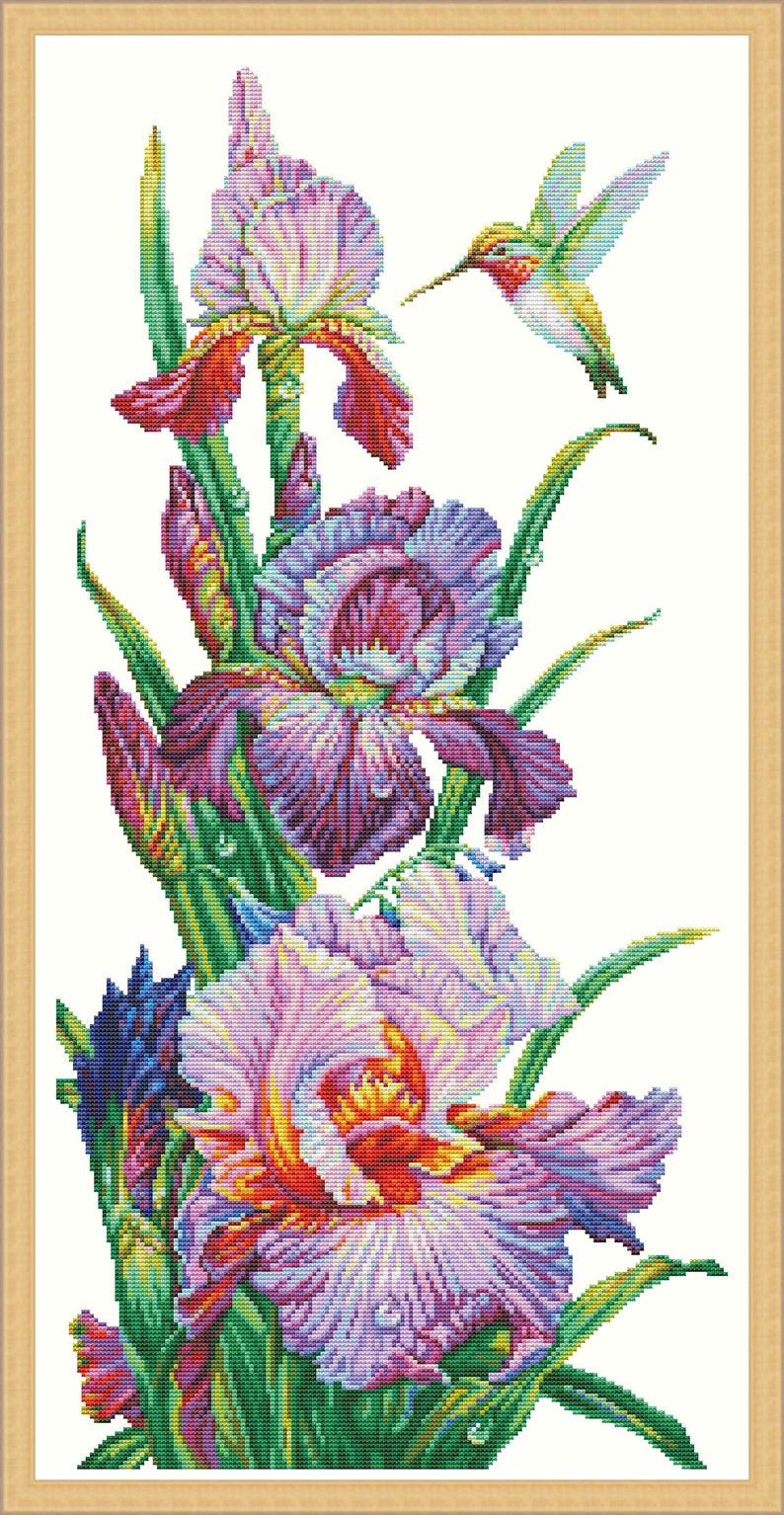 Irises and Hummingbirds, Counted Cross Stitch Pattern, Floral Bird ...