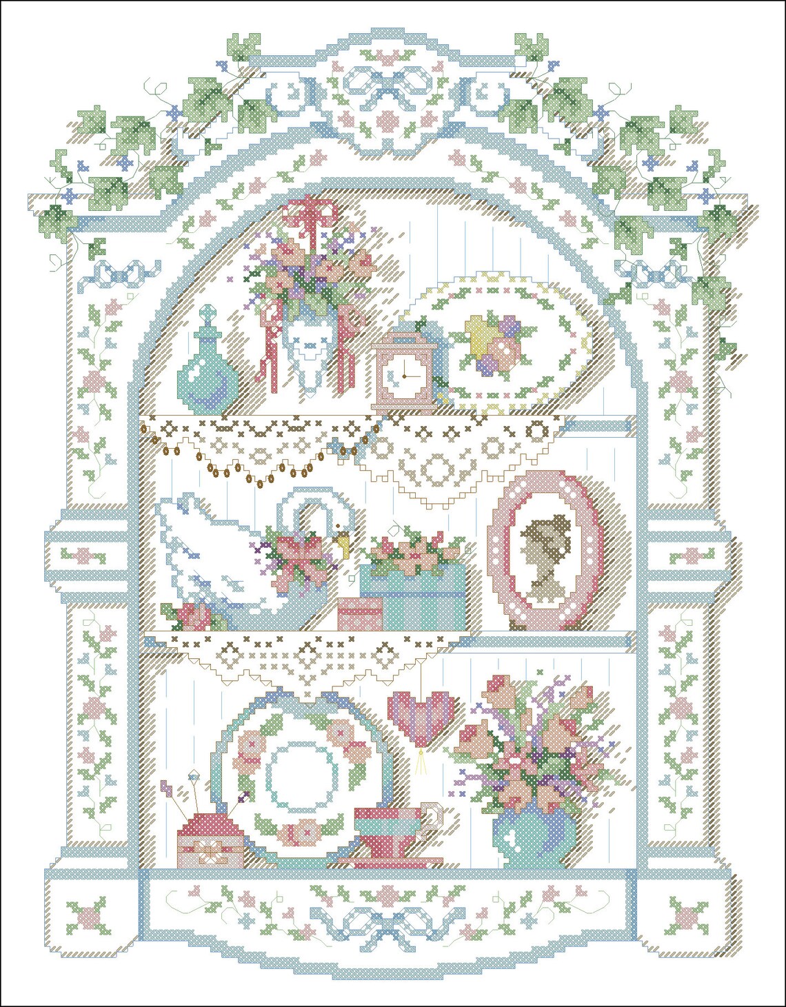 Victorian Shelf, Counted Cross Stitch Pattern, Kitchen Still Life, Cups ...