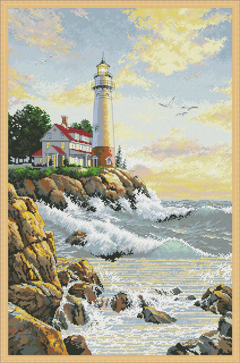 Rocky Point, Lighthouse, Counted Cross Stitch Pattern, Summer Landscape ...