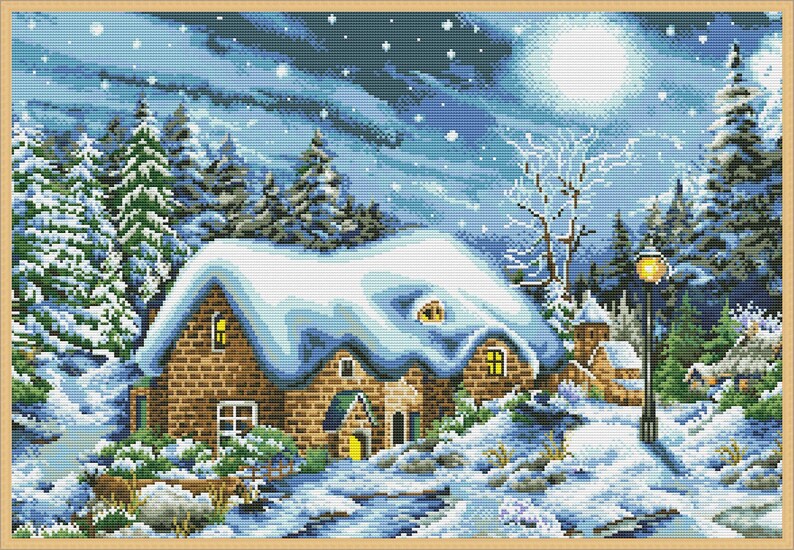 Winter Night, Counted Cross Stitch Pattern, Winter Landscape, Snow ...