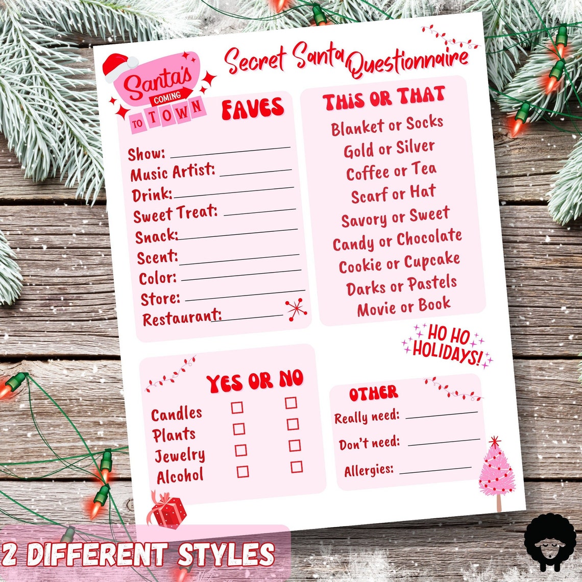 Secret Santa Questionnaire Instant Print || Secret Santa for Coworkers ...