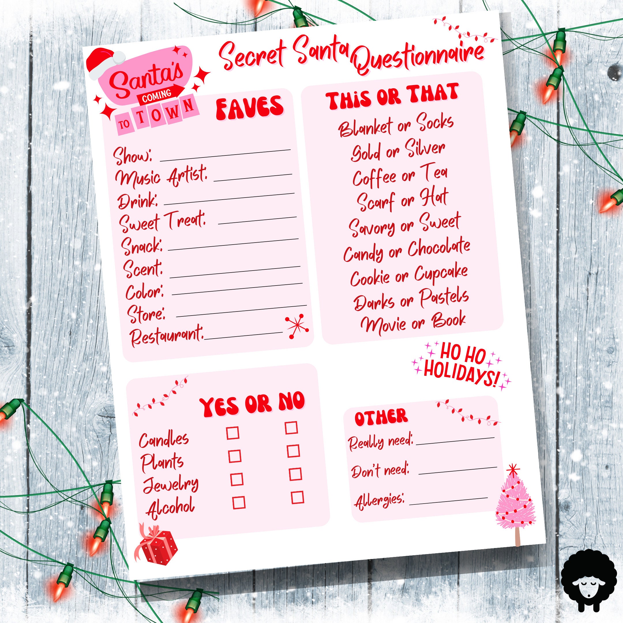 Secret Santa Questionnaire Instant Print || Secret Santa for Coworkers ...