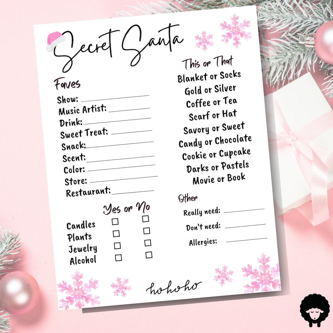 Secret Santa Questionnaire Instant Print Secret Santa for Coworkers and ...