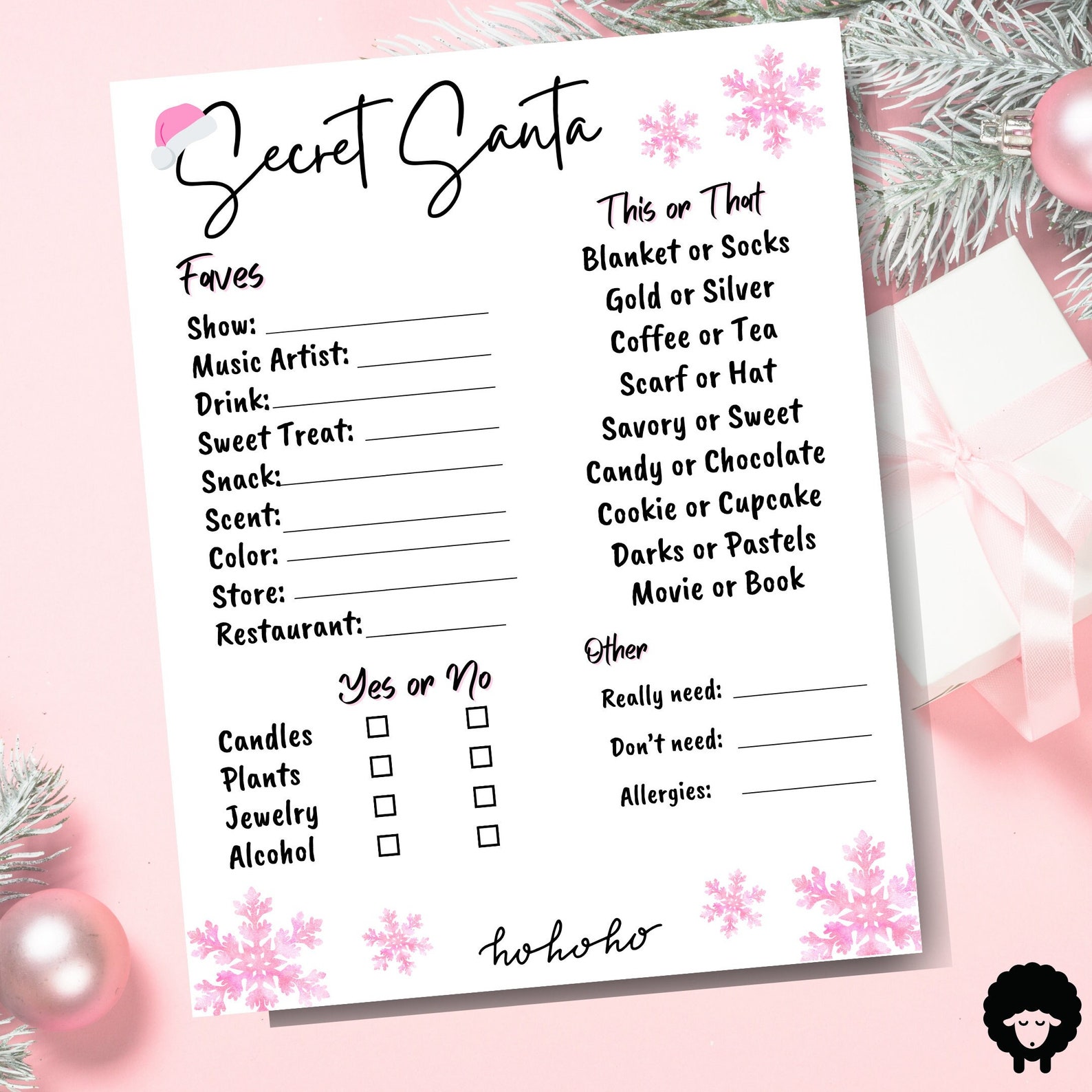 Secret Santa Questionnaire Instant Print Secret Santa for Coworkers and ...