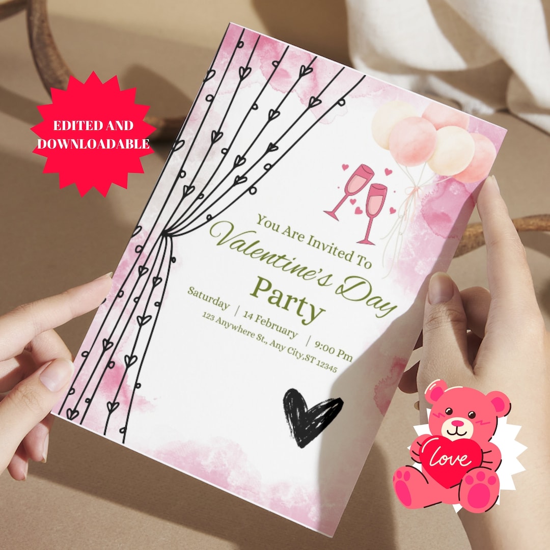 EDITABLE Valetine's Day Party Invitation Set Pink Red Heart, Happy ...