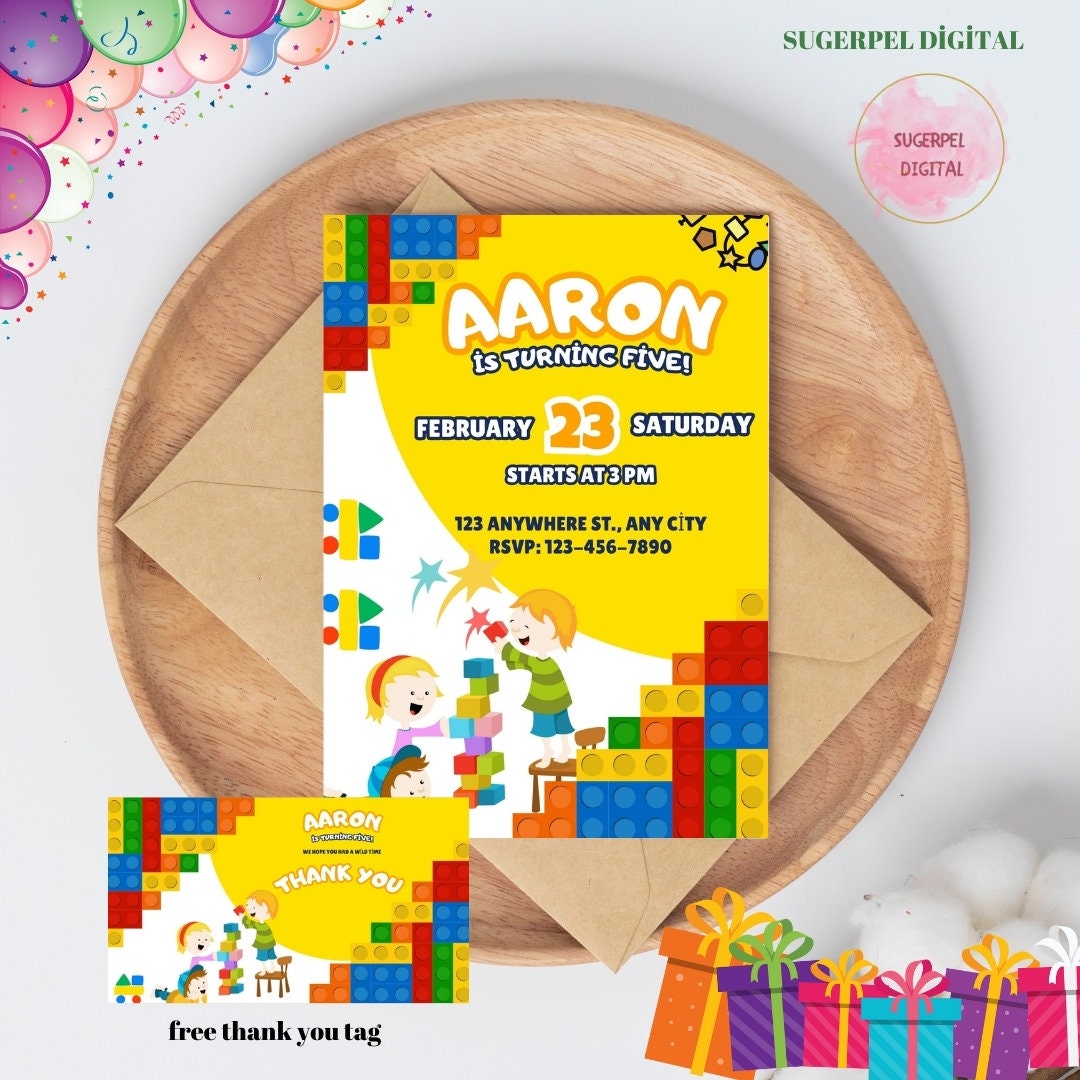 Building Blocks Birthday Invitation, Building Bricks Kids Birthday ...