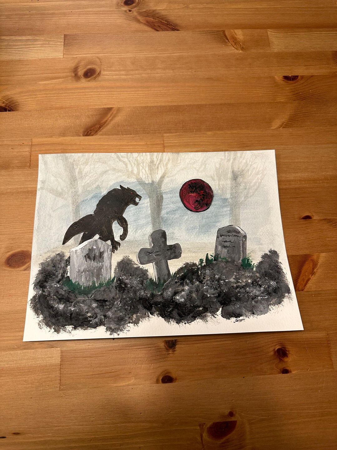 Horror Original Art Handmade Painting Werewolf Graveyard - Etsy