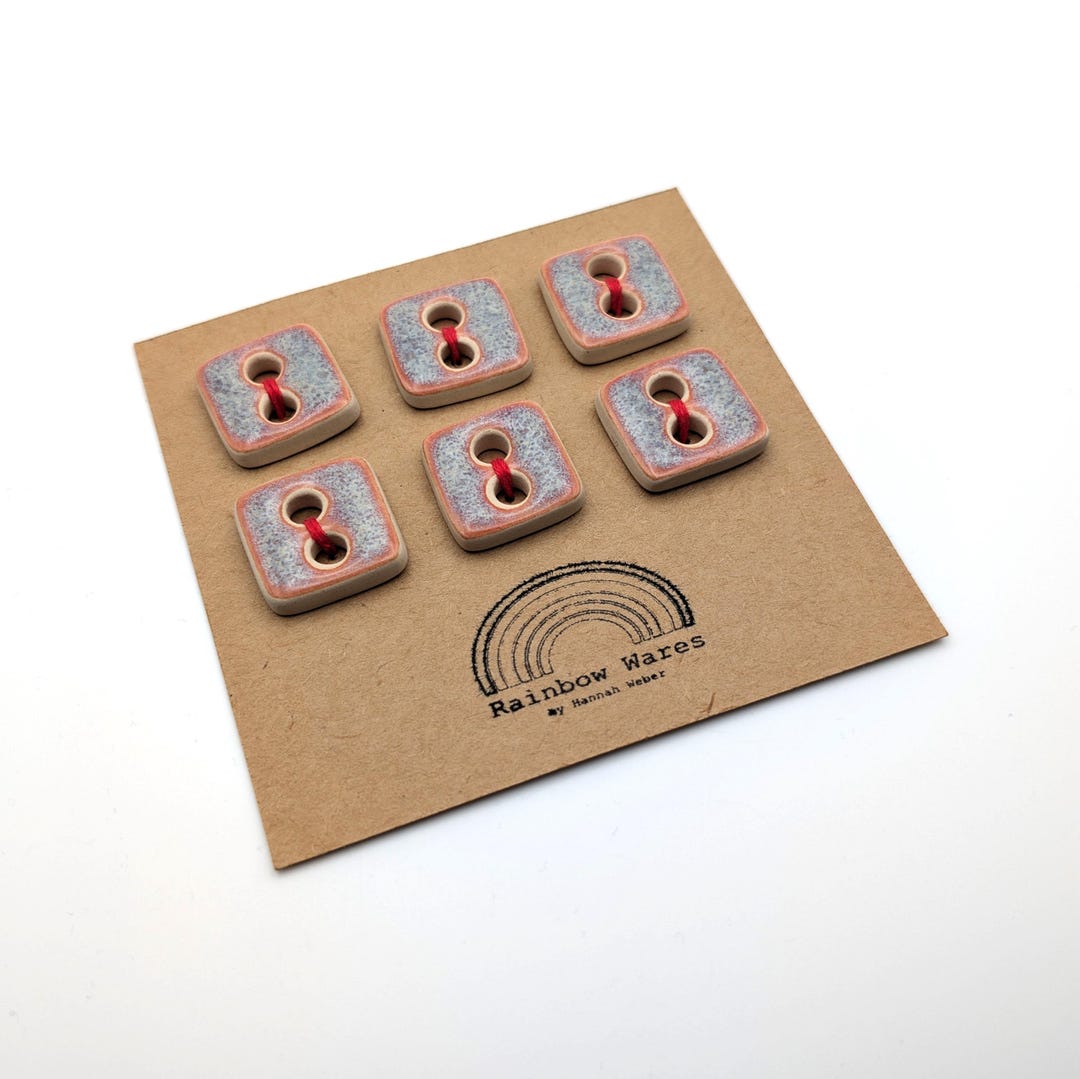 Set of 6 Handmade Square Pottery, Ceramic Buttons, Kimchi Pink, Small ...