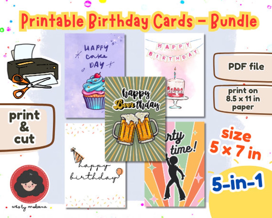 Printable Birthday Card Bundle 5in1 Print and Cut - Etsy