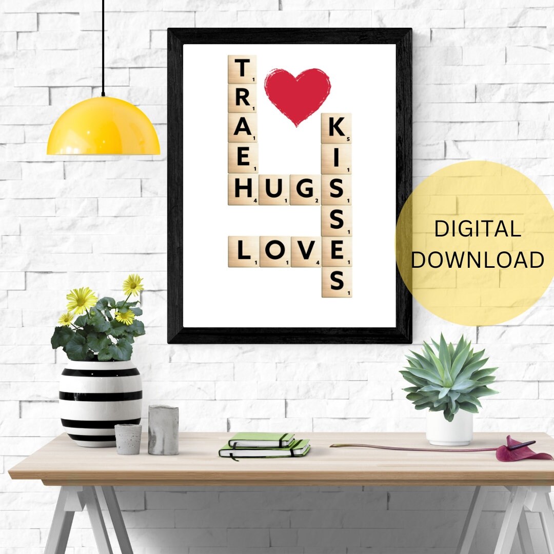 Valentine's Day Wall Art, Valentine Scrabble, Love, Hugs, Kisses, Heart ...