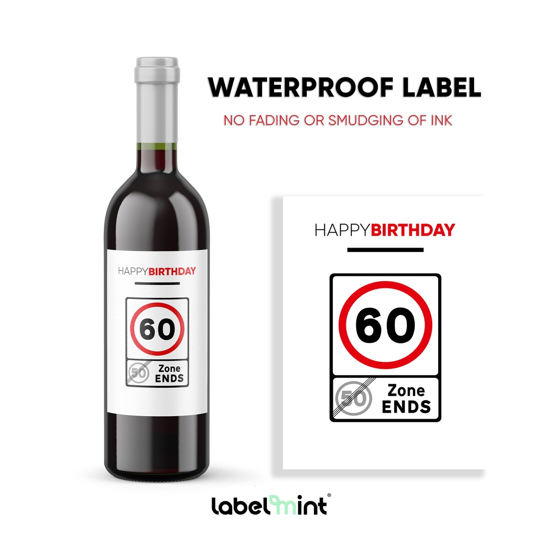 60th Birthday Funny Wine Bottle Label | Road Sign Theme Humour Joke ...