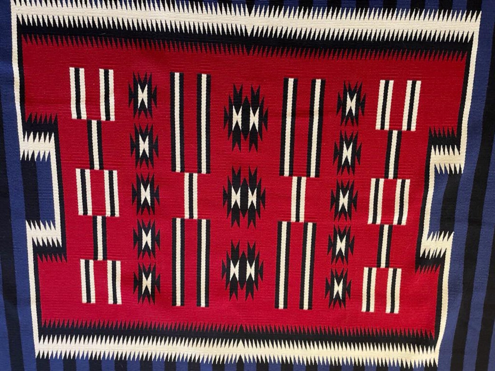 Navajo Moki Revival. C. 2000. 59"x66". Striking Blue and Black Stripes ...
