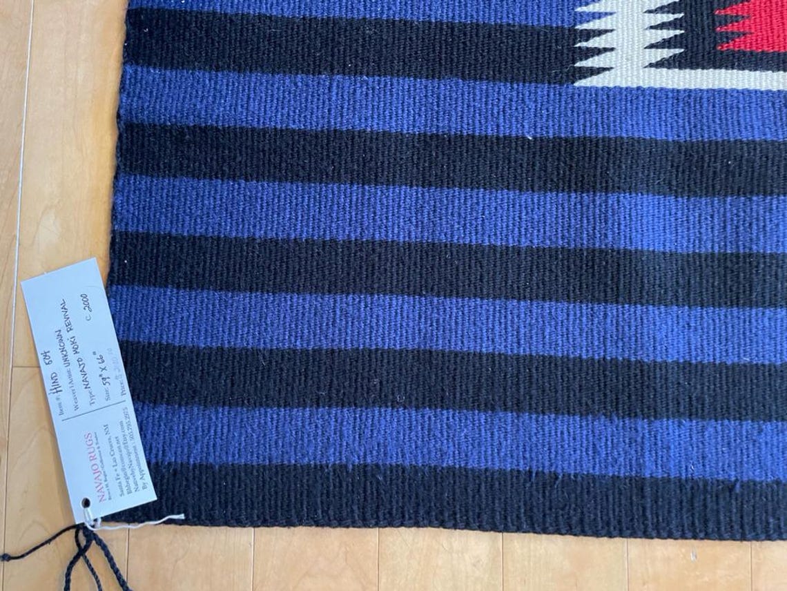 Navajo Moki Revival. C. 2000. 59"x66". Striking Blue and Black Stripes ...