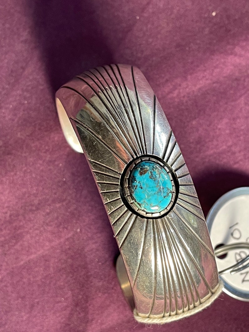Navajo "sunburst" Sterling and Turquoise Cuff Bracelet by Darrell Victor, Apache. Size 7 1/4 ...