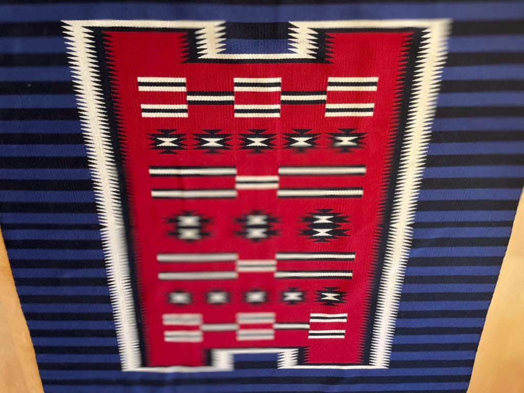 Navajo Moki Revival. C. 2000. 59"x66". Striking Blue and Black Stripes ...
