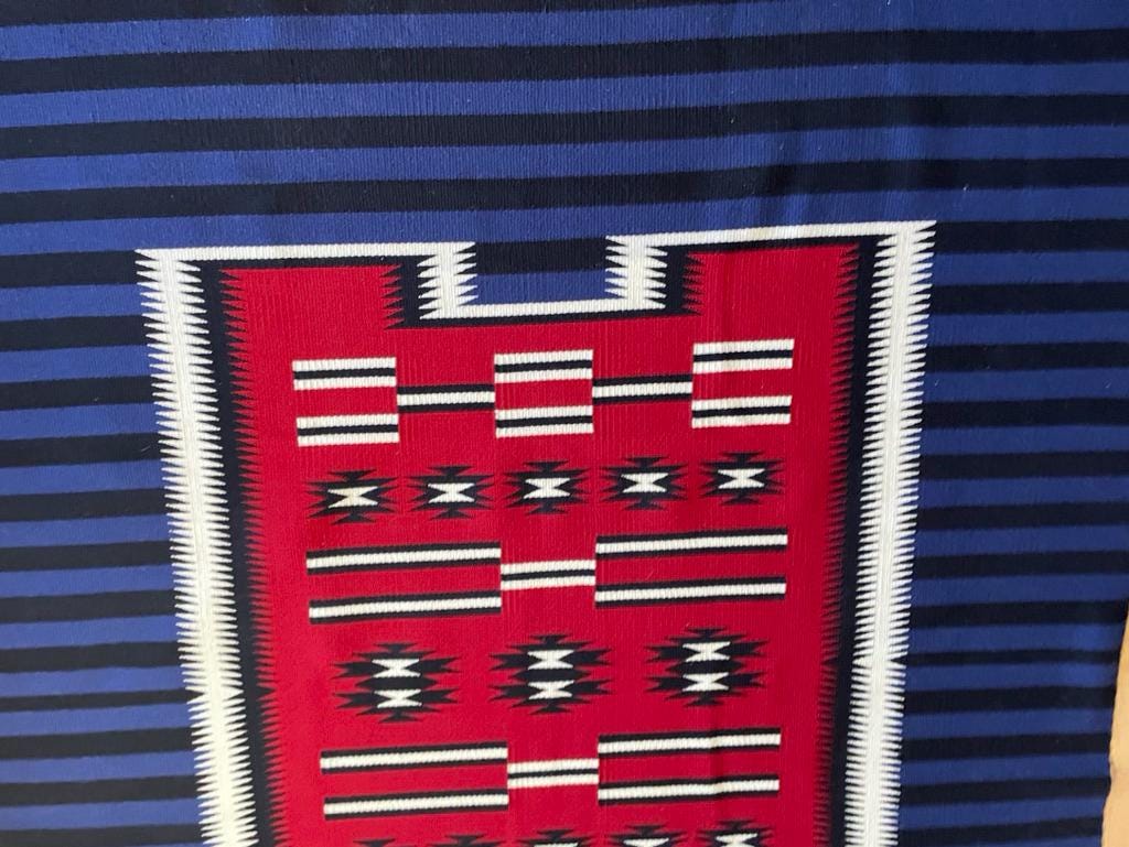 Navajo Moki Revival. C. 2000. 59"x66". Striking Blue and Black Stripes ...