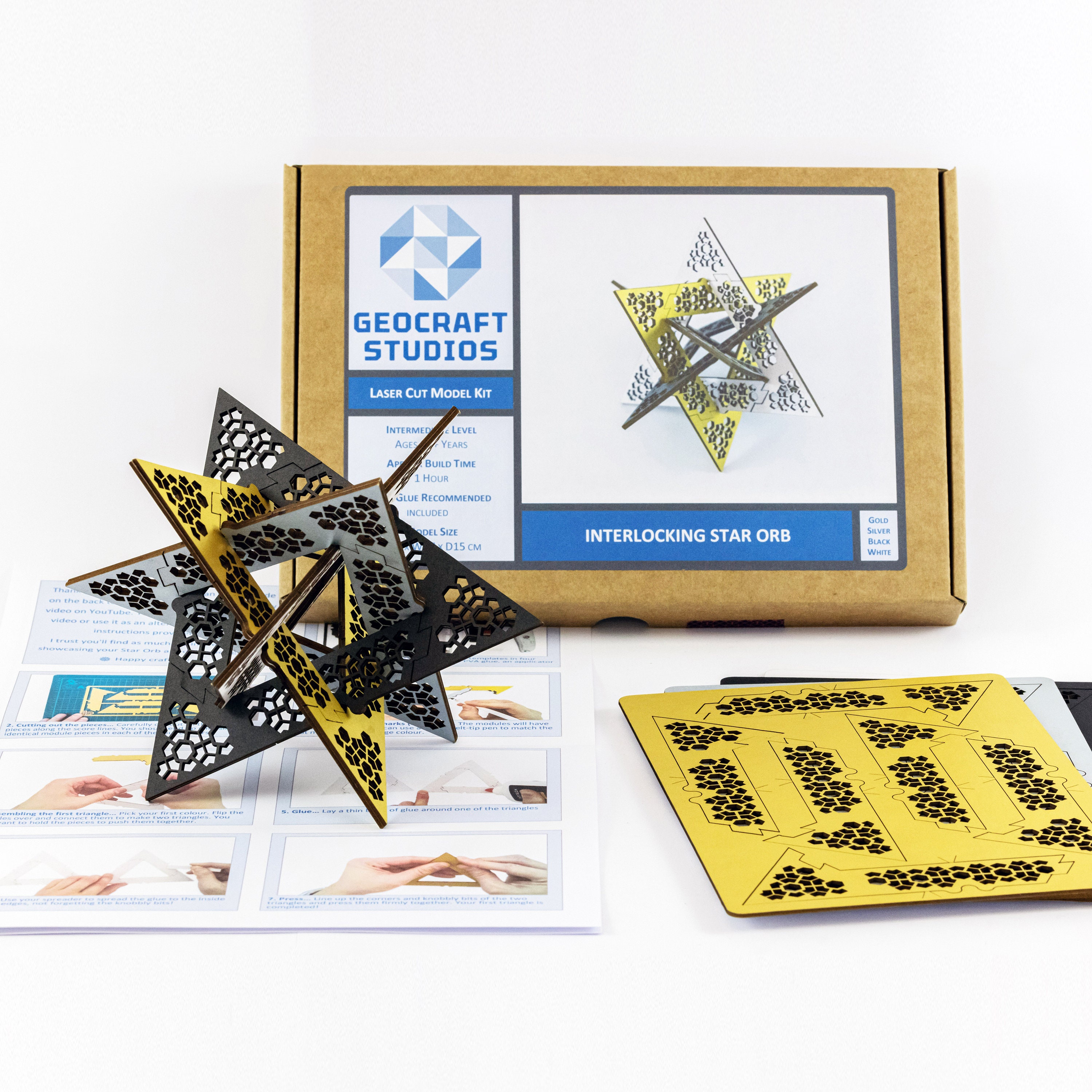 Interlocking Star Orb, Laser Cut Model Kit gold, Silver, Black, White ...