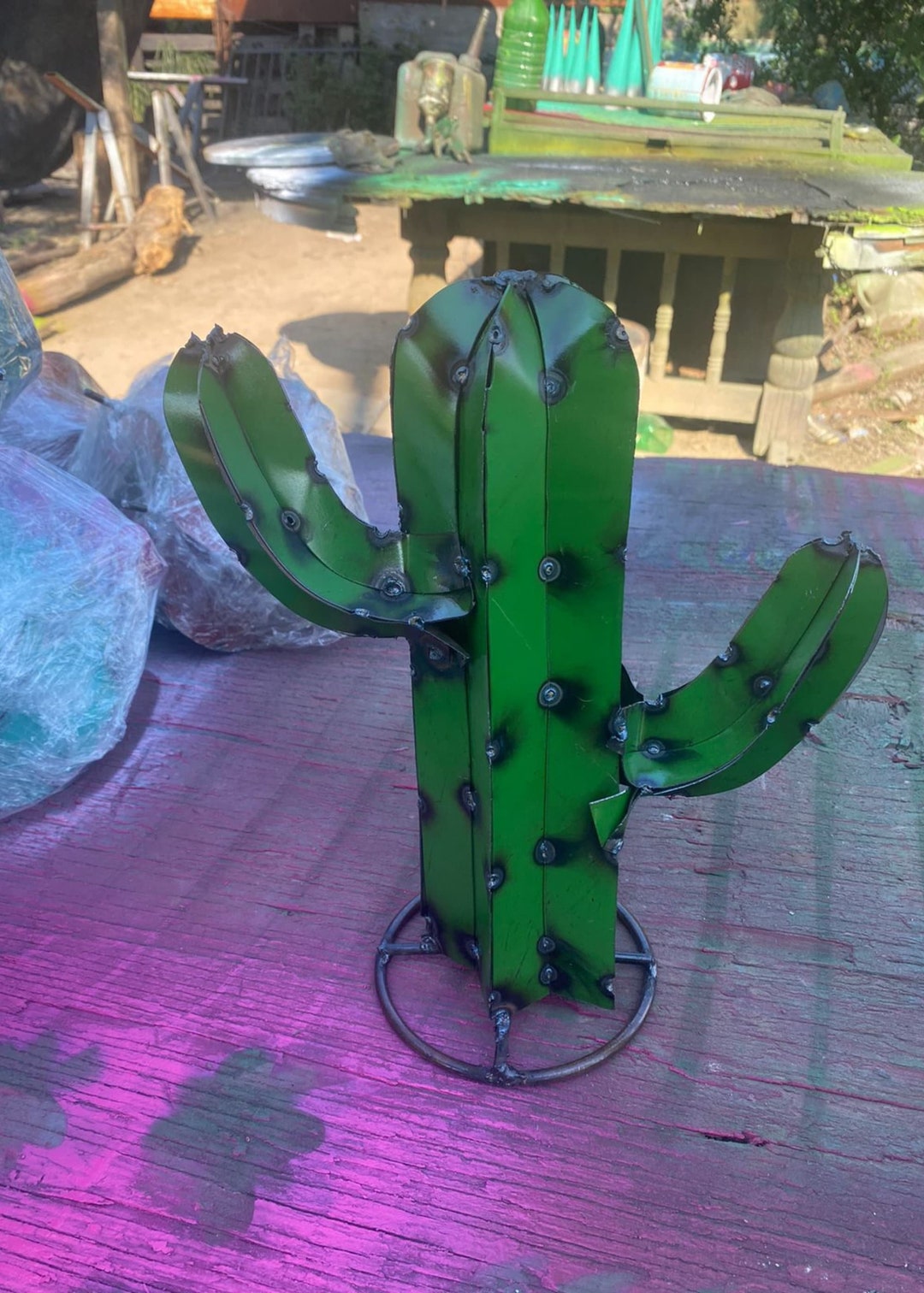 Green Metal Saguaro Cactus Garden Art, Handmade Metal Cactus, Metal ...
