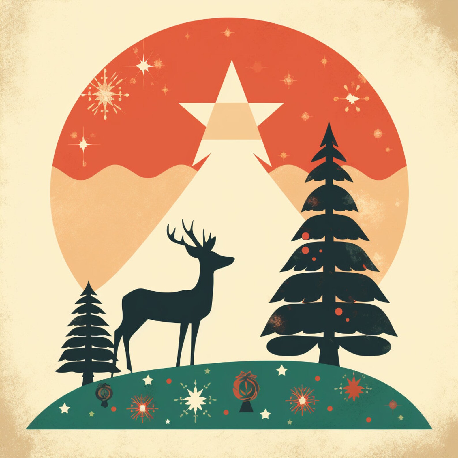 4 Retro Christmas Scenes - Deer & Trees - Digital Images - Etsy