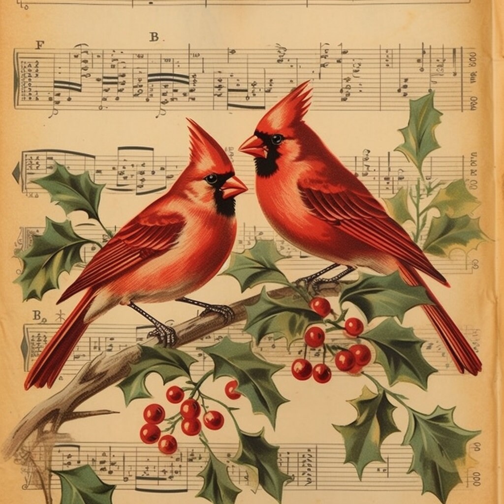 4 Christmas Cardinals & Sheet Music - Digital Images! - Etsy