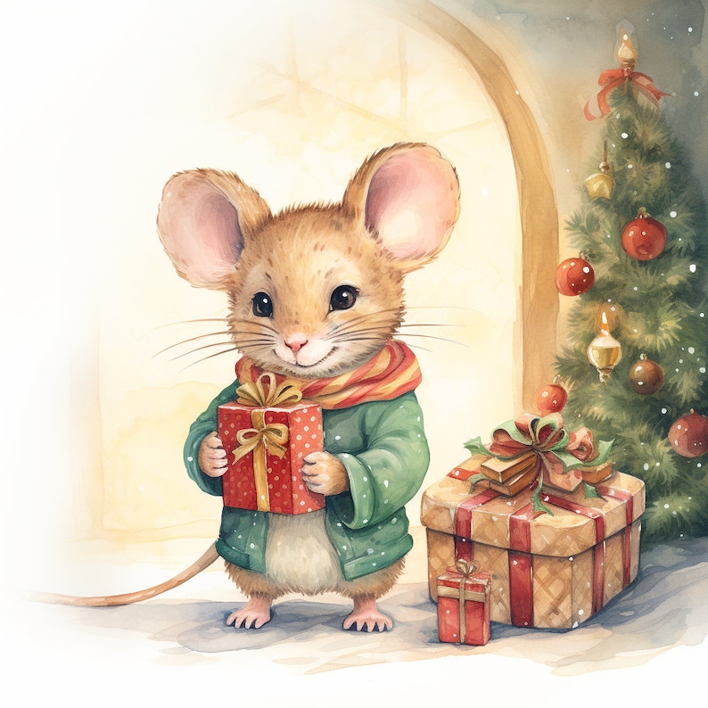 Merry Christmas Mouse With Your Present! Digital Images - Etsy