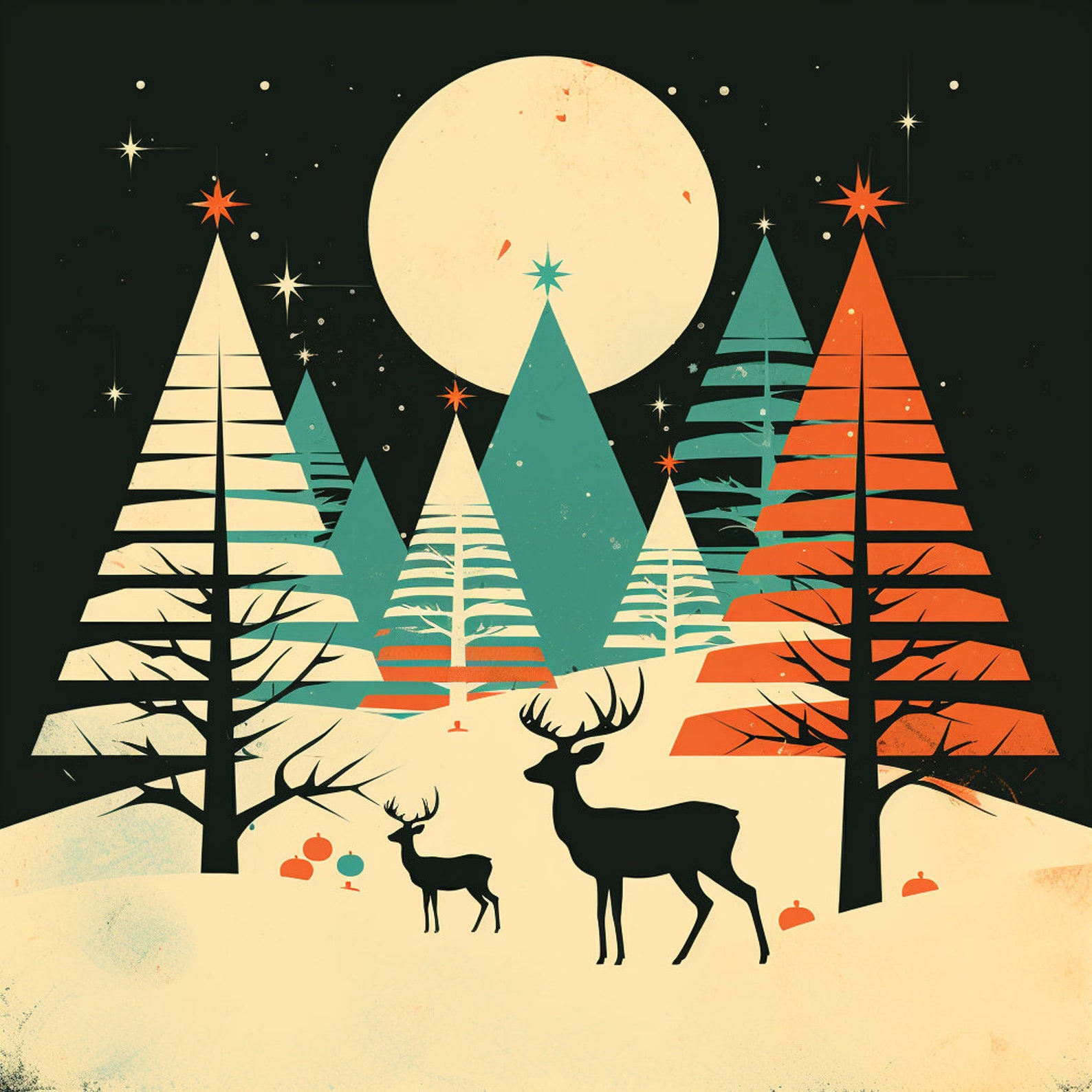 4 Retro Christmas Scenes - Deer & Trees - Digital Images - Etsy