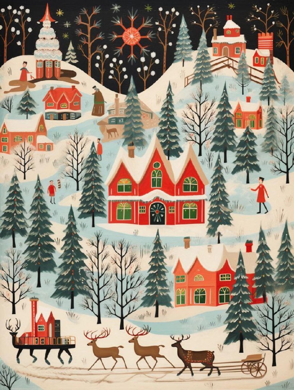 4 Adorable Folk Art Christmas Scenes Digital Images, Wall Art ...