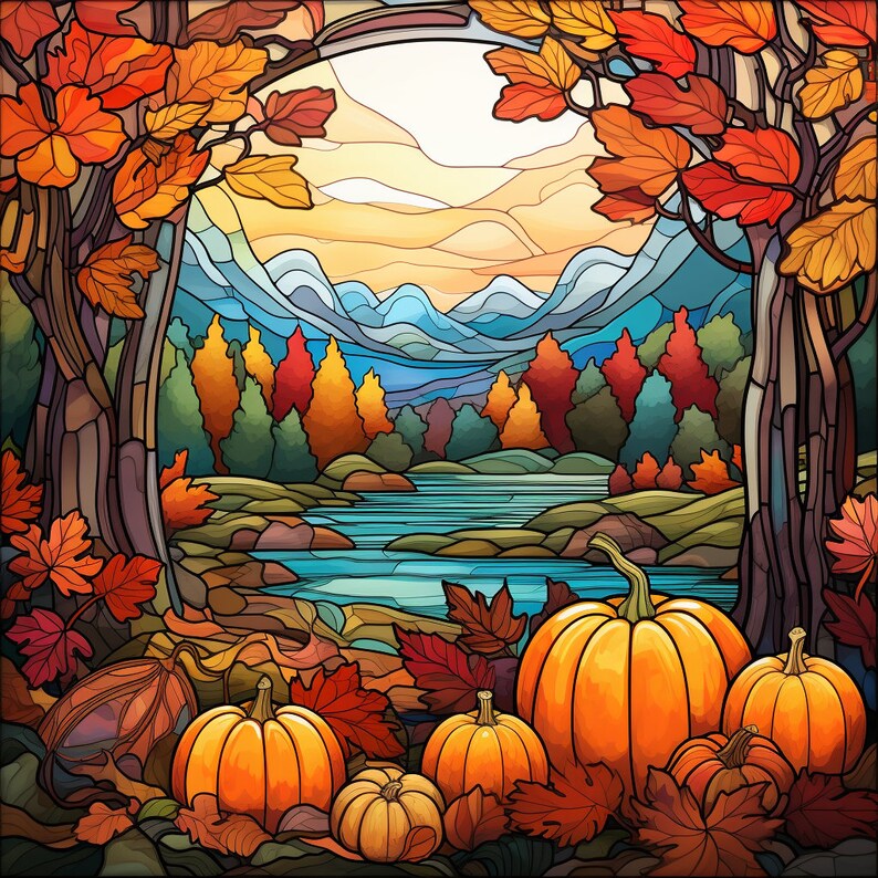 Four Stained Glass Autumn Fall Scenes - Digital Images - Etsy