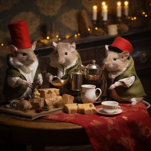 4 Victorian Christmas Mice at Teatime - Digital Images - Etsy