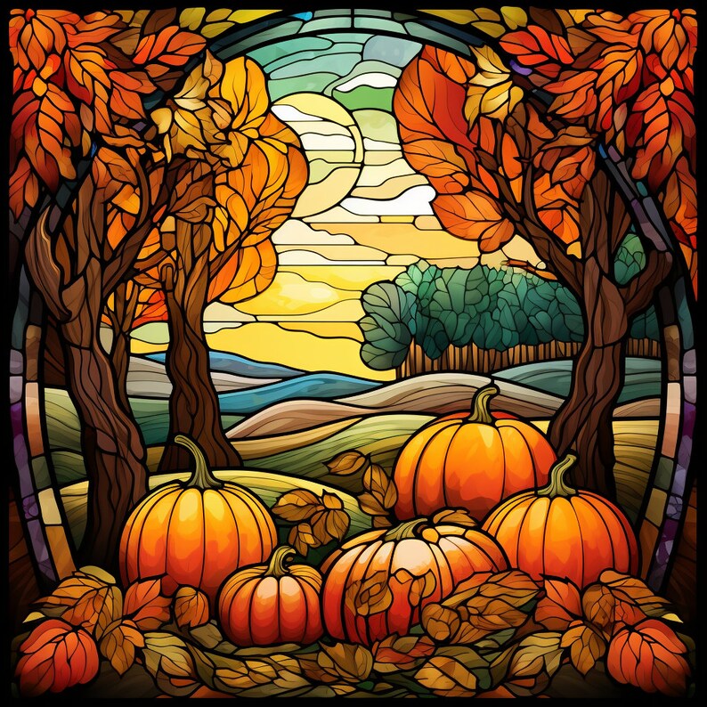 Four Stained Glass Autumn Fall Scenes - Digital Images - Etsy