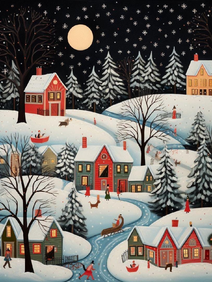4 Adorable Folk Art Christmas Scenes Digital Images, Wall Art ...