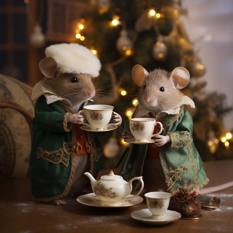 4 Victorian Christmas Mice at Teatime - Digital Images - Etsy UK