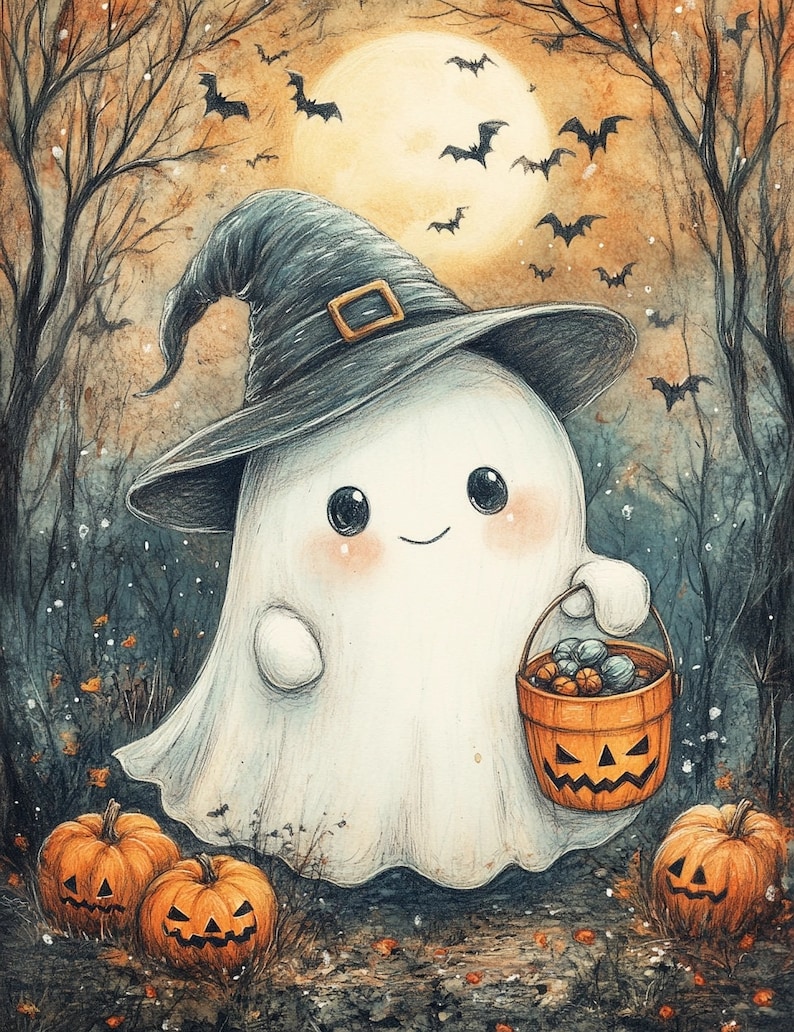 4 Adorable Halloween Ghosts! Digital Images, Unique, One of a Kind - Etsy