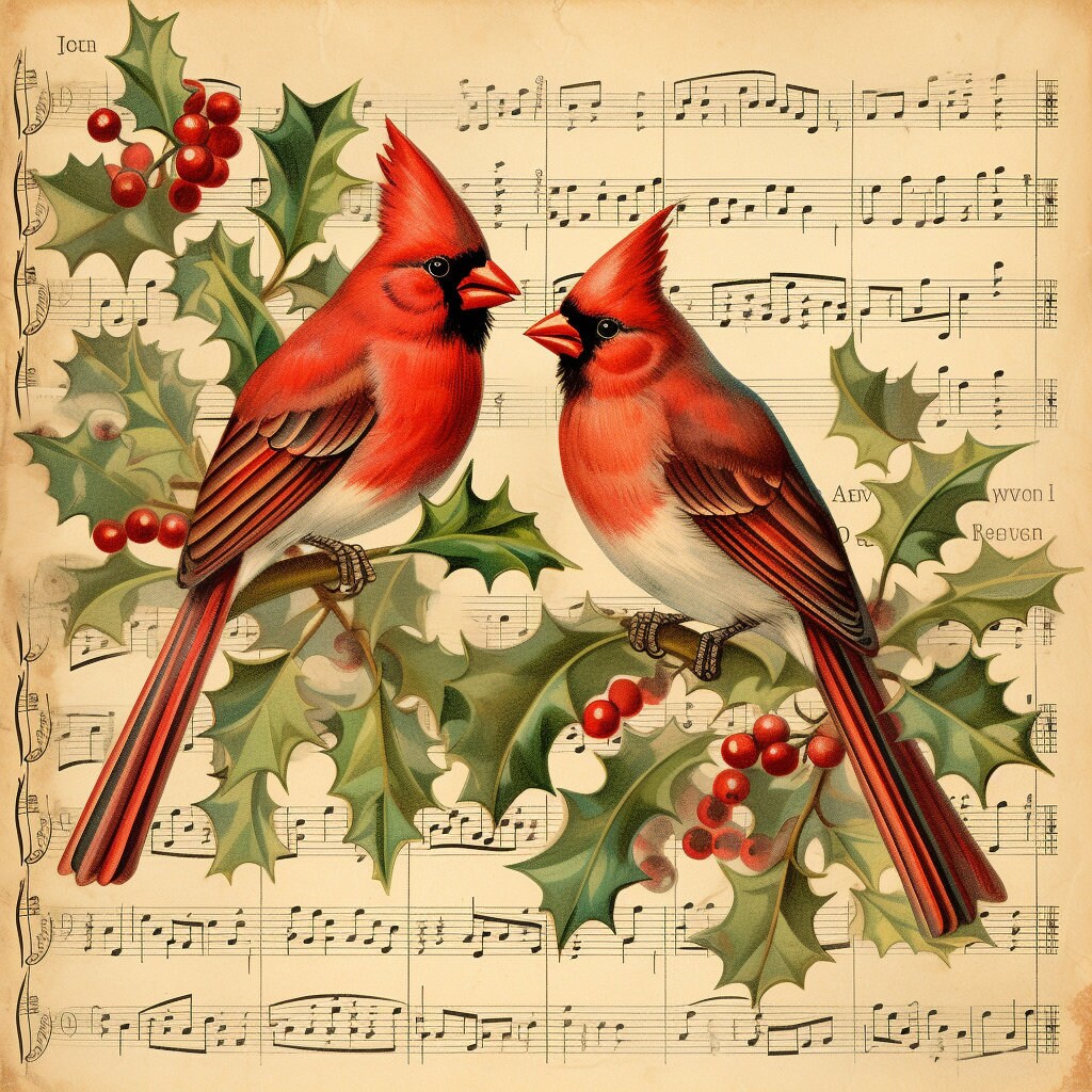 4 Christmas Cardinals & Sheet Music - Digital Images! - Etsy