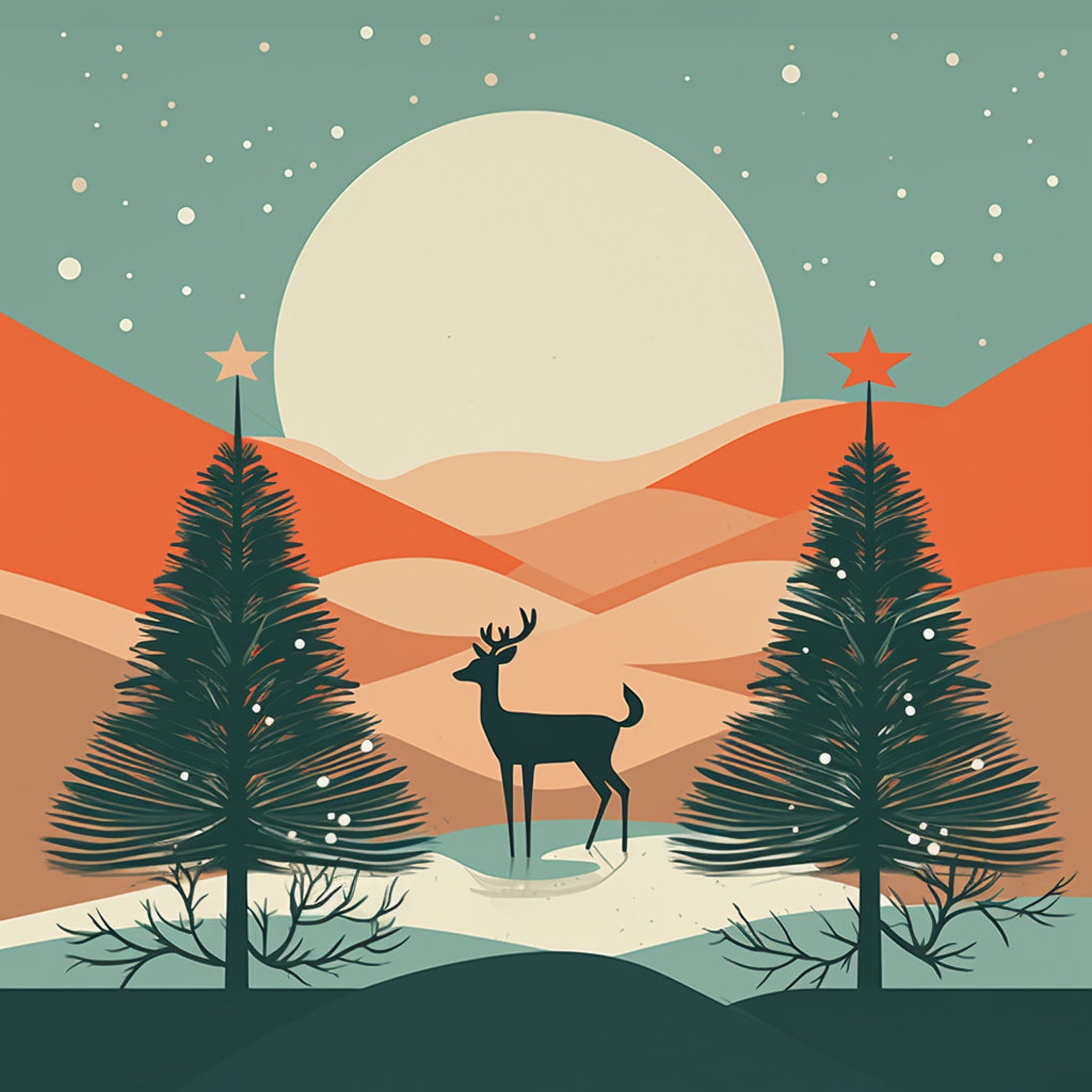4 Retro Christmas Scenes - Deer & Trees - Digital Images - Etsy