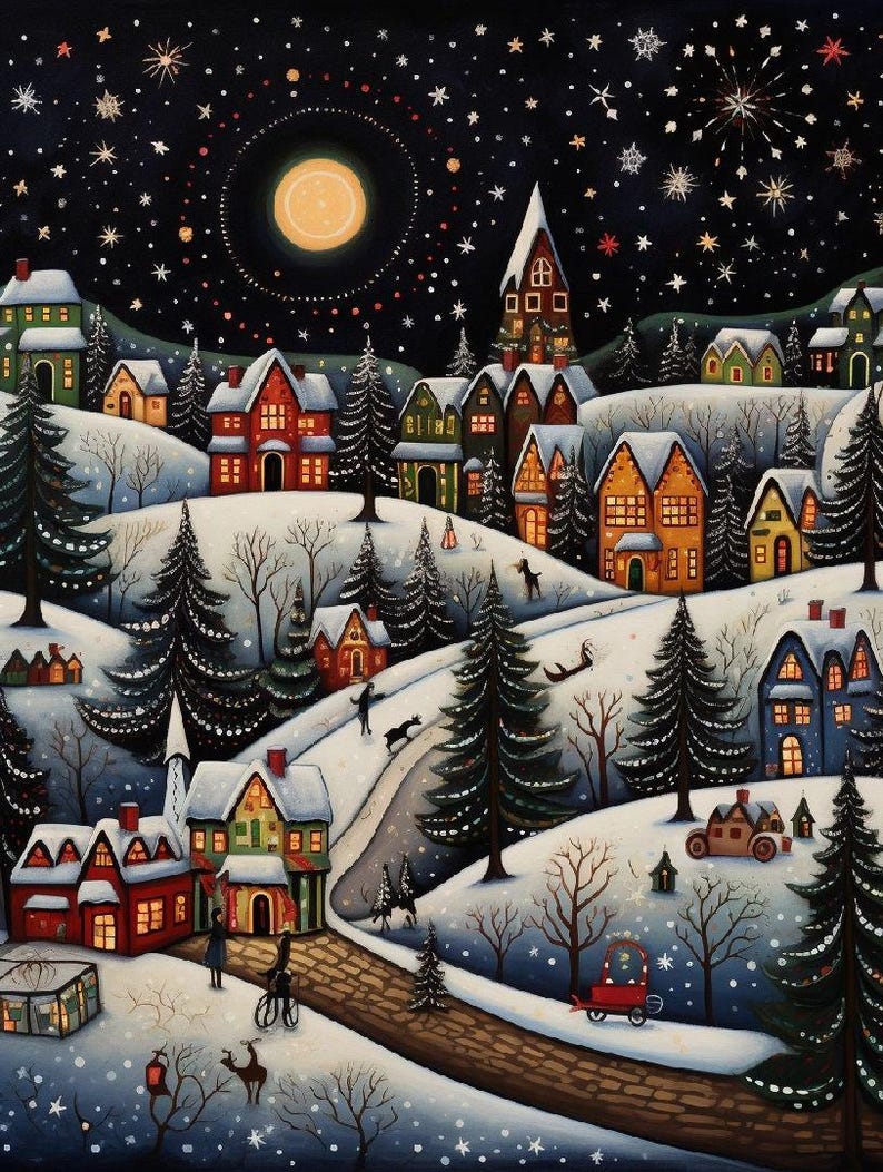 4 Adorable Folk Art Christmas Scenes Digital Images, Wall Art ...