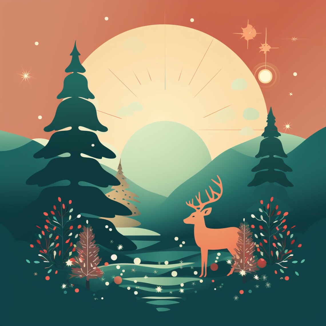 4 Retro Christmas Scenes - Deer & Trees - Digital Images - Etsy