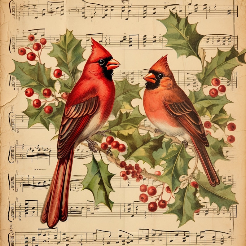 4 Christmas Cardinals & Sheet Music - Digital Images! - Etsy