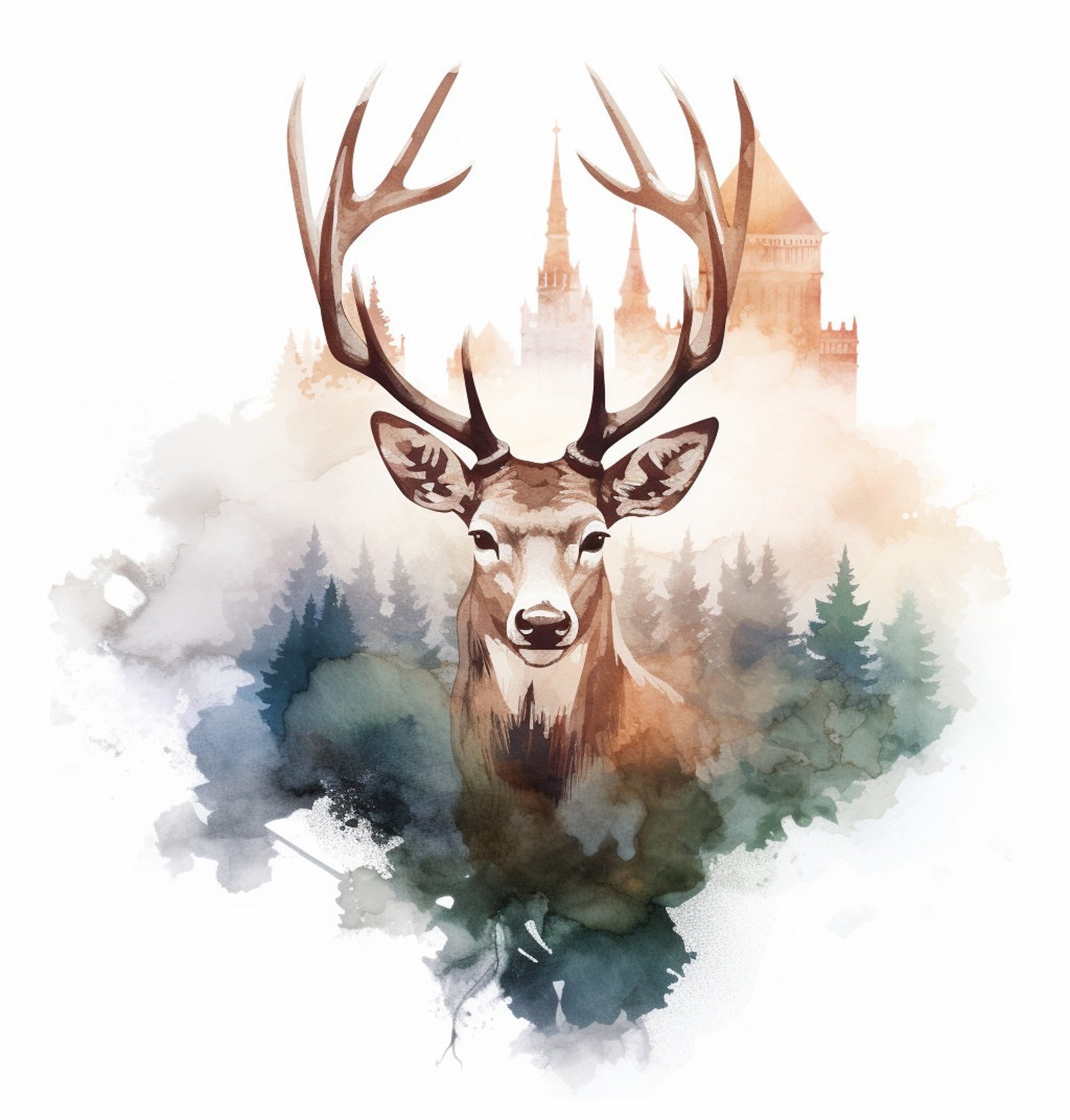 Four Digital Stag & Castle Watercolor Images - Etsy