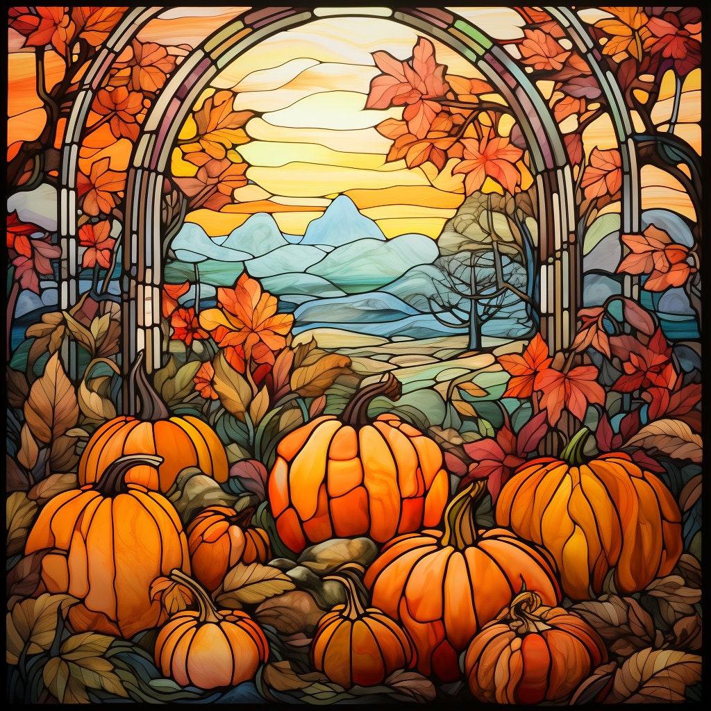 Four Stained Glass Autumn Fall Scenes - Digital Images - Etsy
