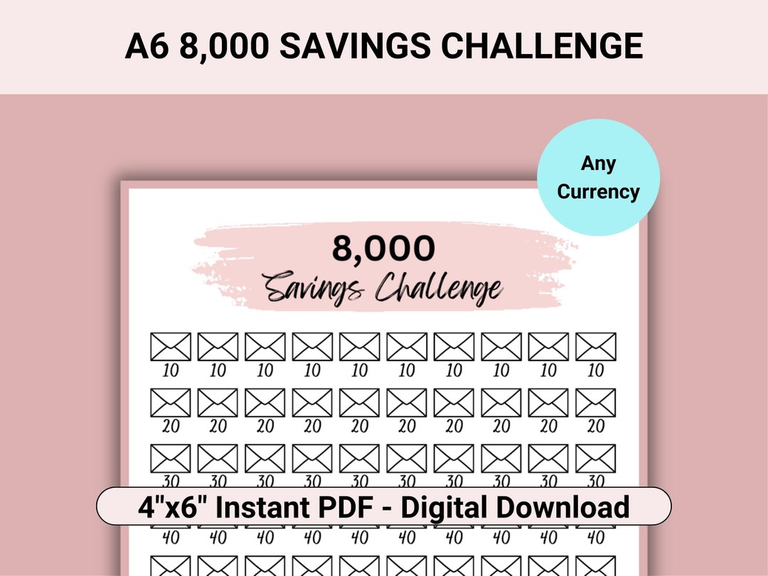 8K Savings Challenge Printable, 8k Challenge Fits A6 Budget Binder ...