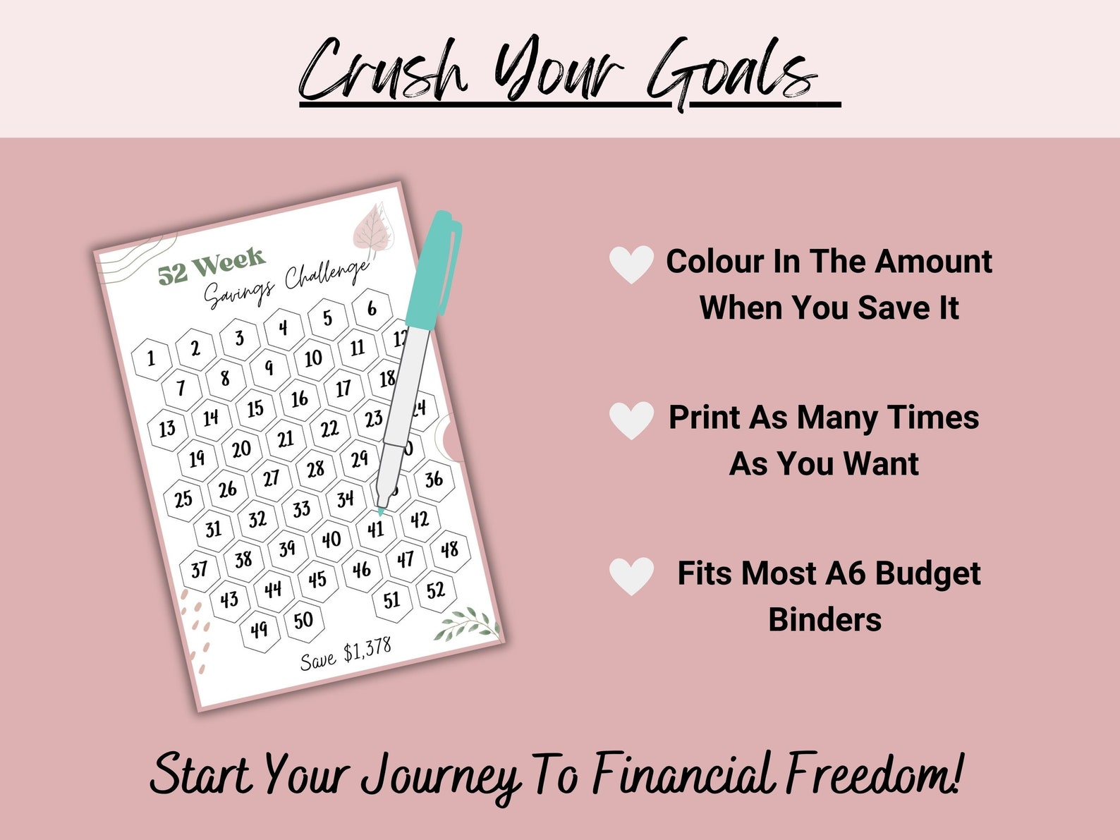 52 Week Savings Challenge Printable, 52 Weeks Money Saving Challenge ...
