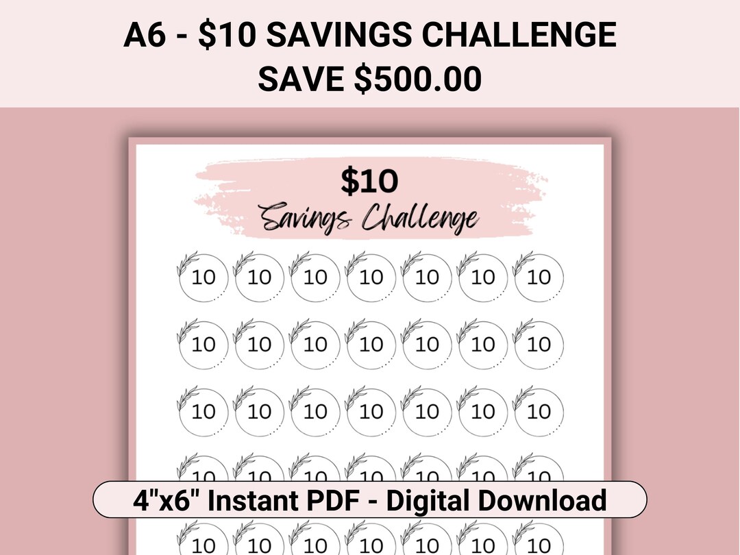 10 Dollar Savings Challenge Printable, 10 Dollar Challenge Fits A6 ...