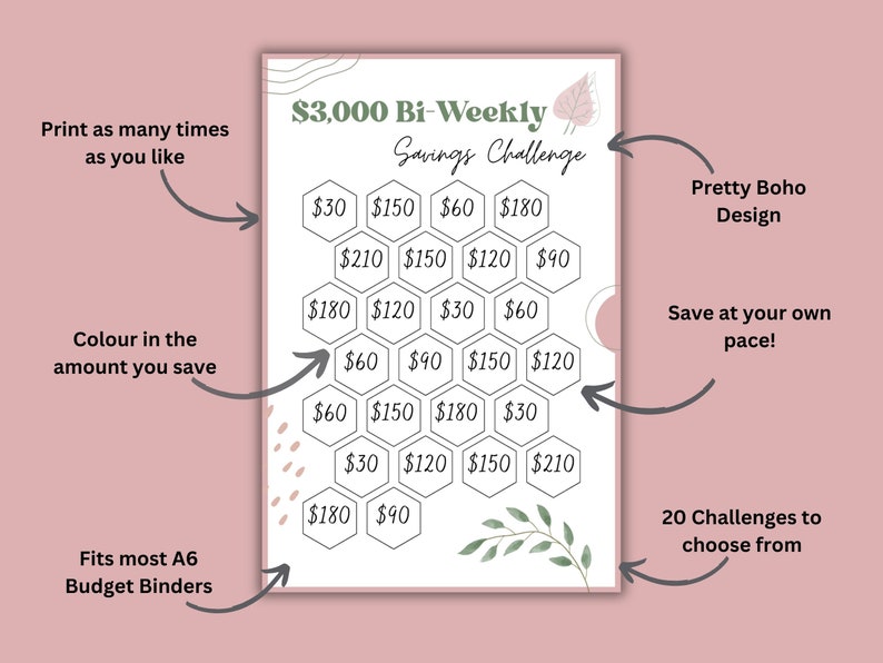 A6 Savings Challenge Printable, Boho Saving Challenge Bundle Set of 20 ...