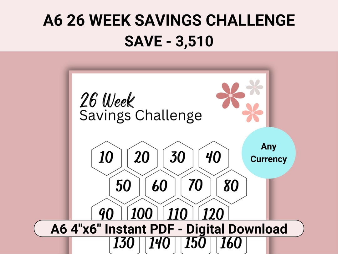 26 Weeks Savings Challenge Printable, A6 26 Week Challenge, 26 Week ...